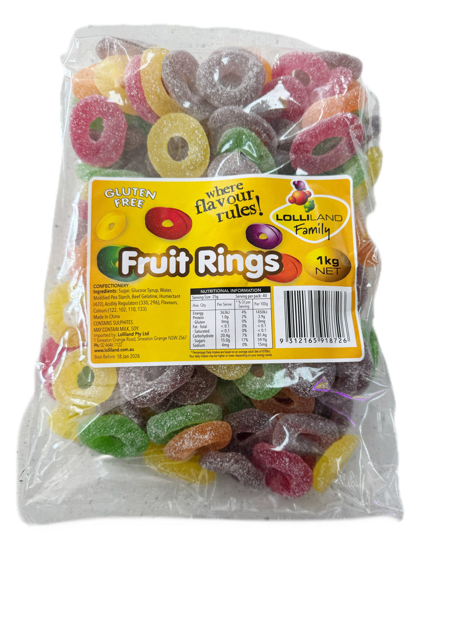 1kg Fruit Rings Gummies Gluten Free - Lolliland – Top Party Supplies ...