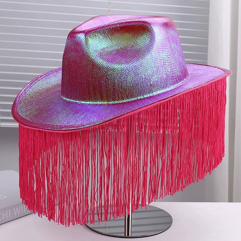 Iridescent Shiny Hot Pink Cowboy Hat With Fringe Tassel – Top Party ...