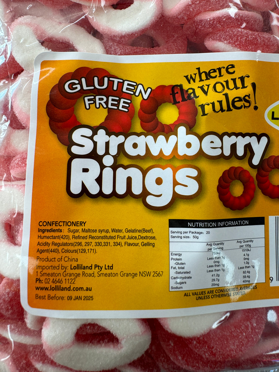 1kg Strawberry Rings Gummies Gluten Free - Lolliland – Top Party ...